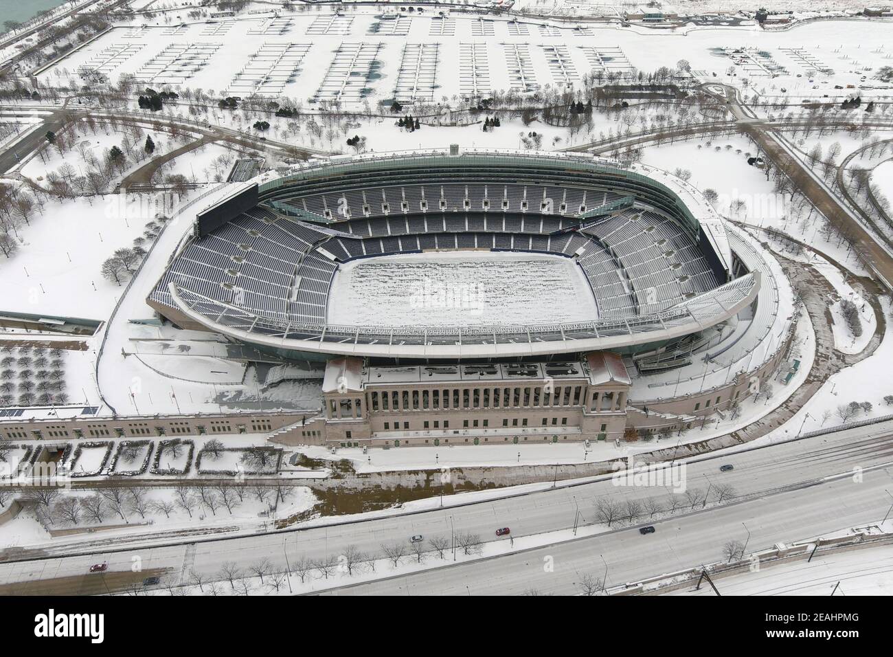 An aerial view of a snow-covered Soldier Field, Sunday, Feb. 7, 2021 ...