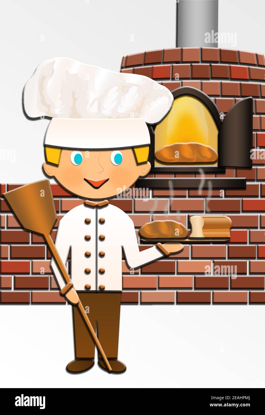 Cartoon of a cute Happy Baker, in a uniform, with an oven and some ...