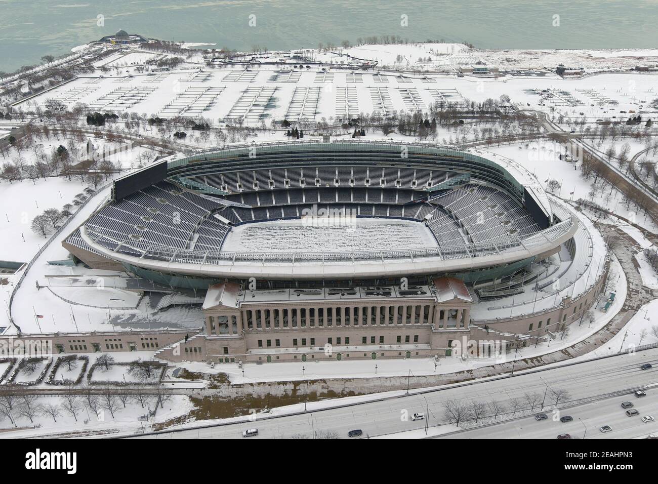 An aerial view of a snow-covered Soldier Field, Sunday, Feb. 7, 2021 ...