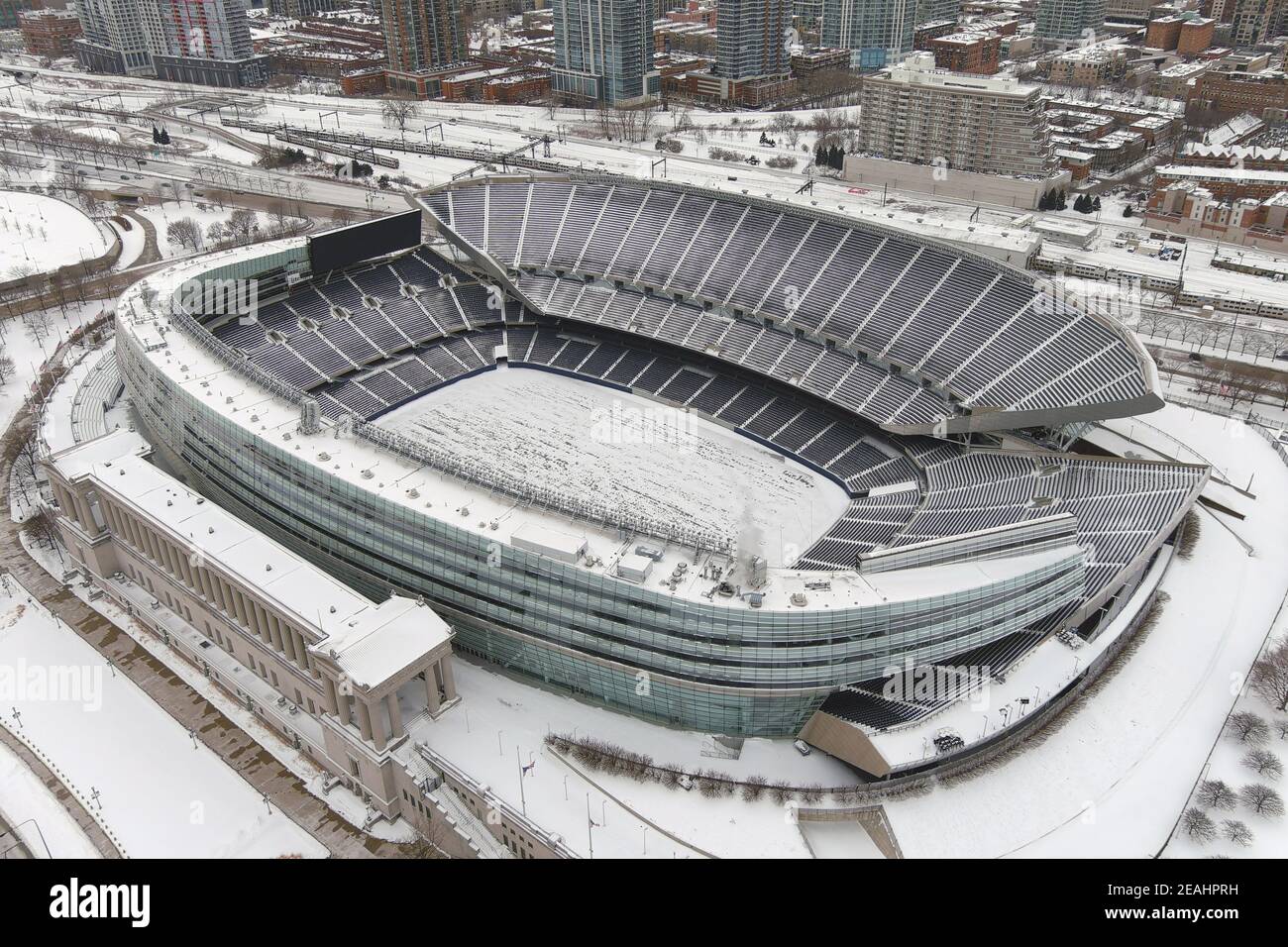 An aerial view of a snow-covered Soldier Field, Sunday, Feb. 7, 2021 ...