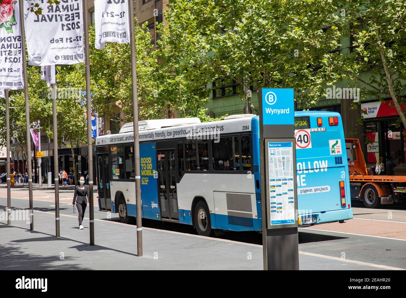 Sydney bus travels along York street in the Sydney city centre past the ...