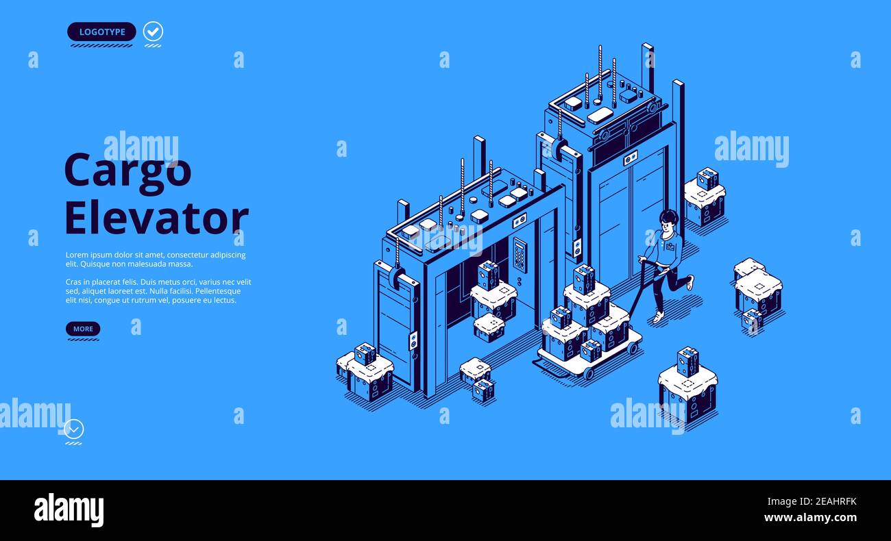 Cargo elevator isometric landing page. Worker character with boxes on ...