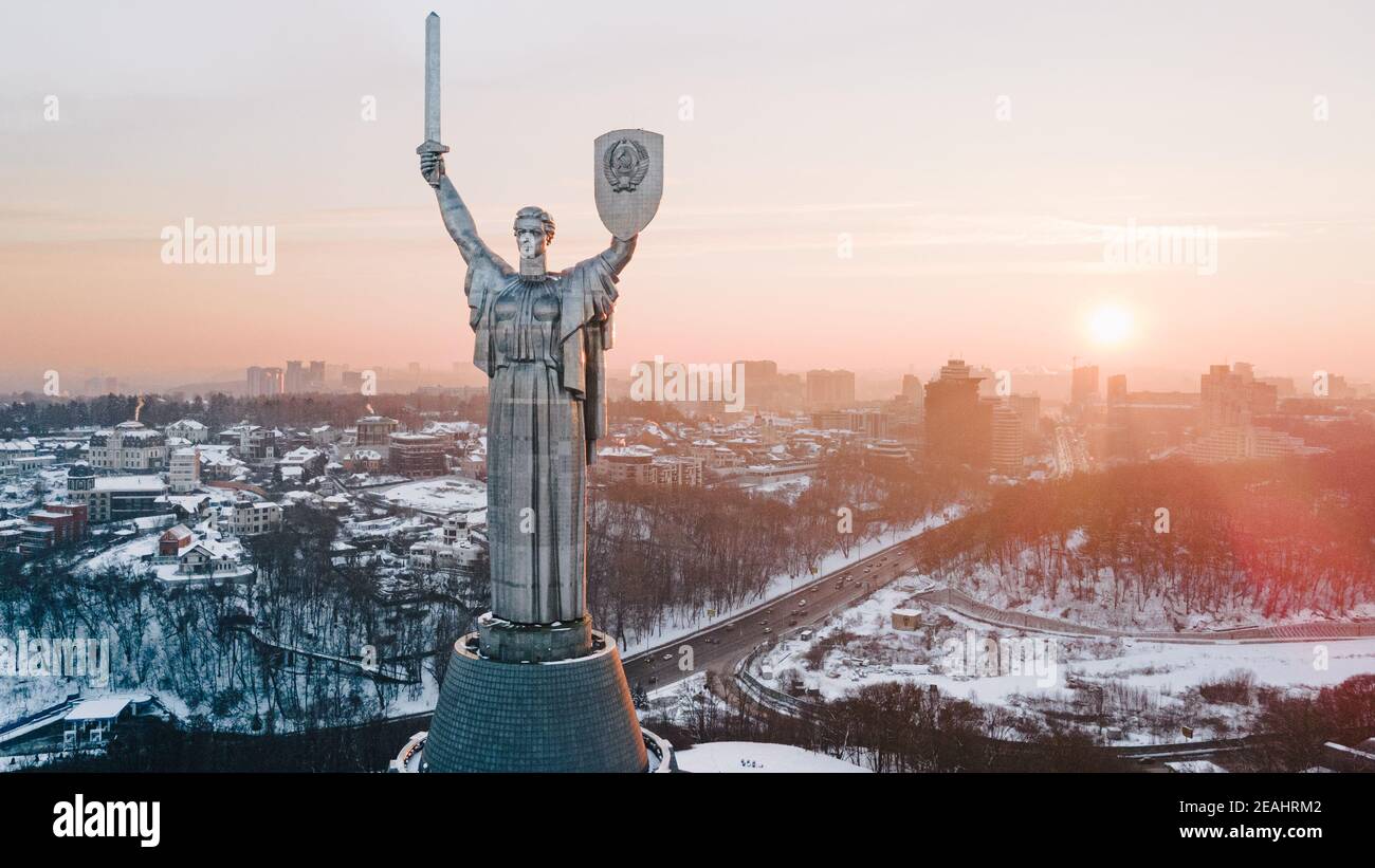 Panoramic aerial view of winter city Kyiv covered in snow. The ...