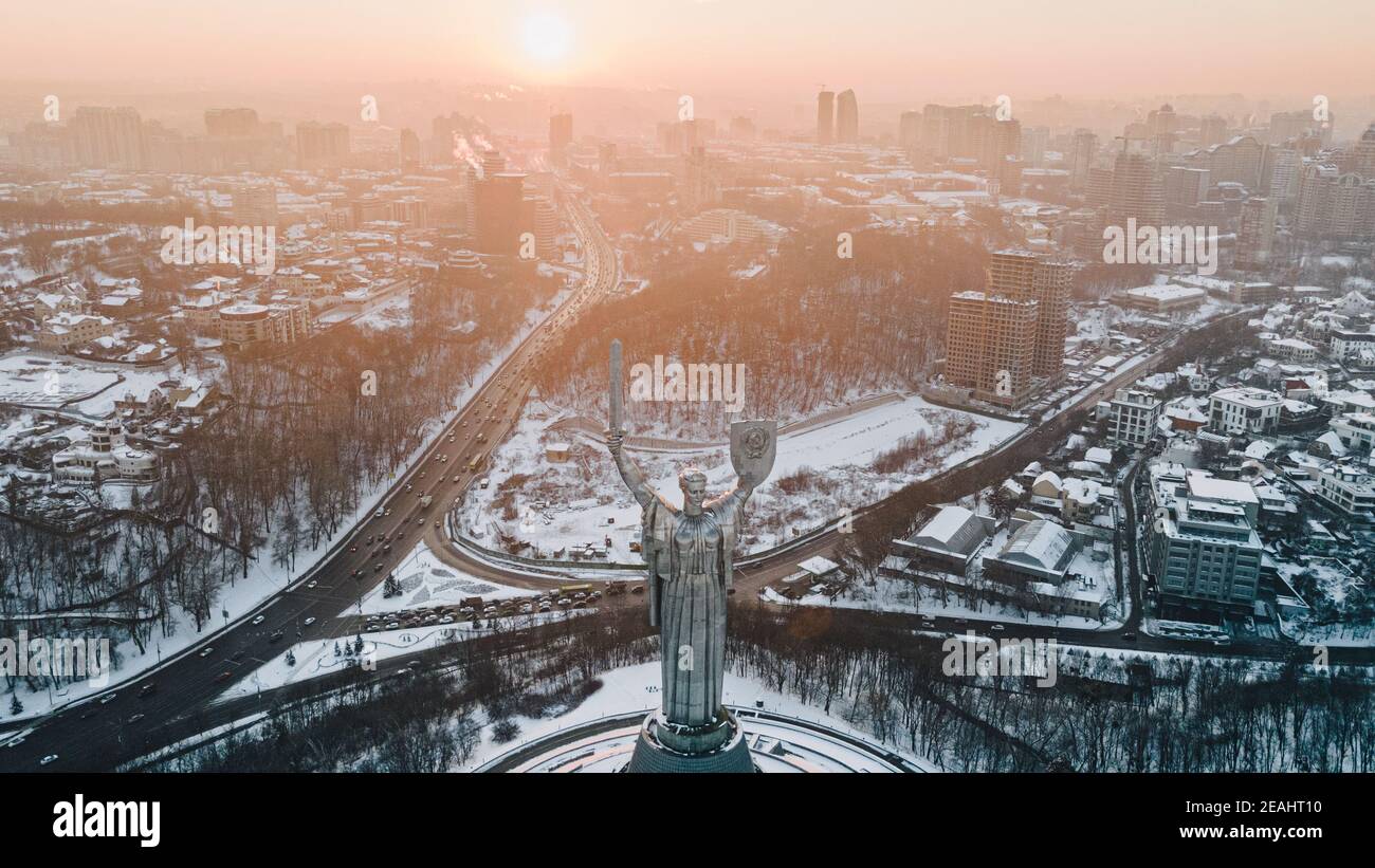 Panoramic aerial view of winter city Kyiv covered in snow. The ...