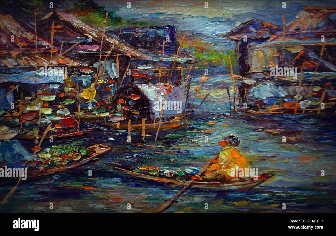 Art painting Oil color Floating market Thailand , rural life , rural ...