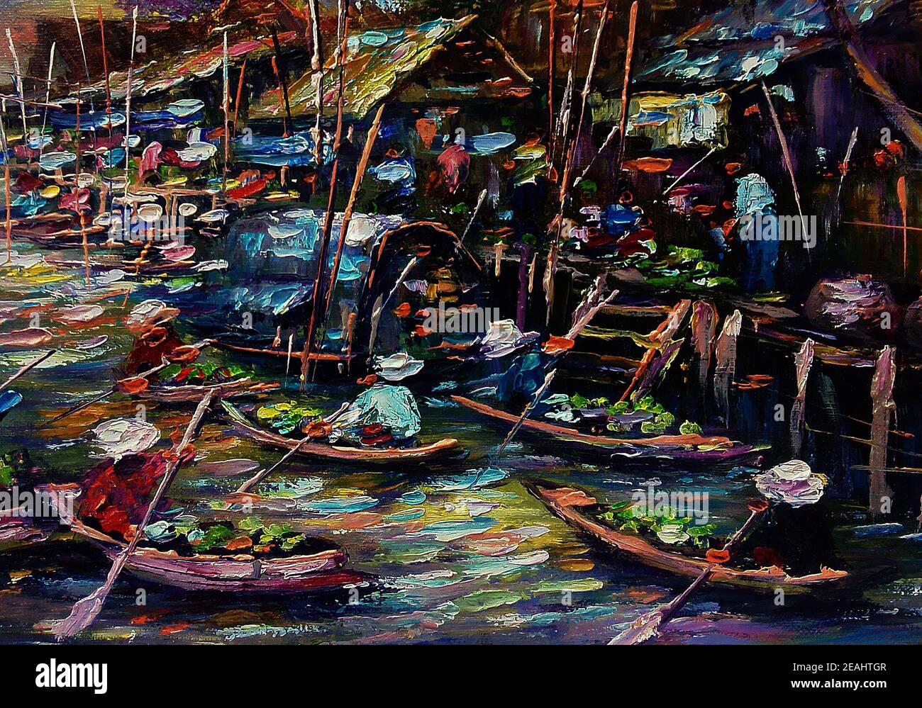 Art painting Oil color Floating market Thailand , rural life , rural ...