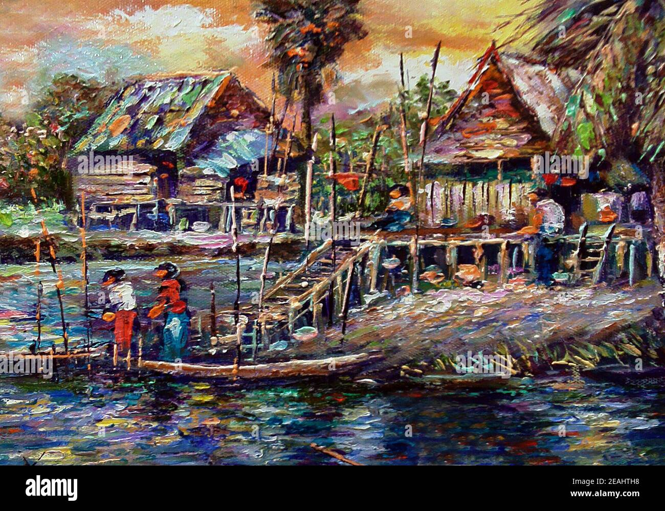 Art painting Oil color Floating market Thailand , rural life , rural ...