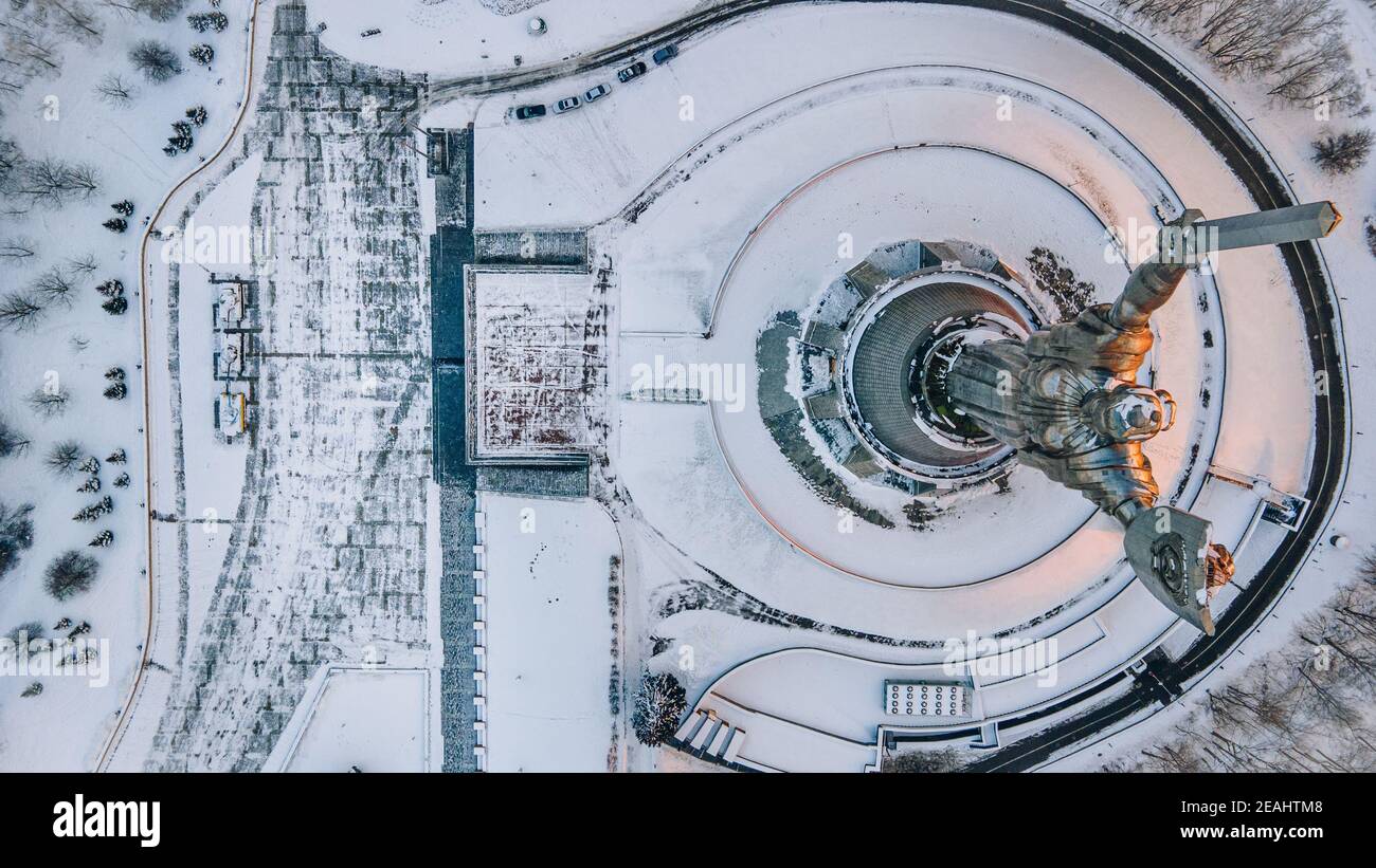 Panoramic aerial view of winter city Kyiv covered in snow. The ...