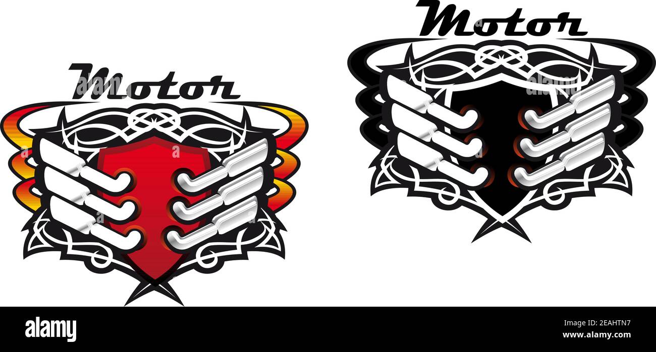 Motor sports icons incorporating silencers and exhaust pipes in red hot ...