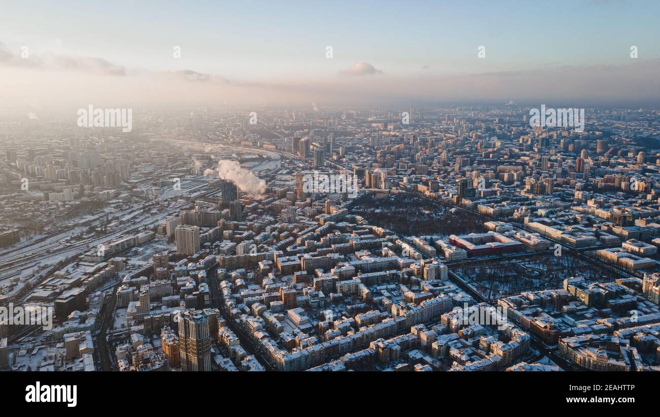 Panoramic aerial view of winter city Kyiv covered in snow Stock Photo ...