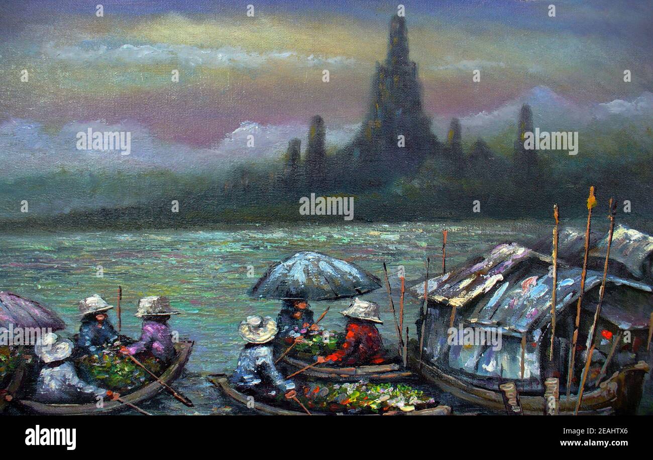 Art painting Oil color Floating market Thailand , rural life , rural ...