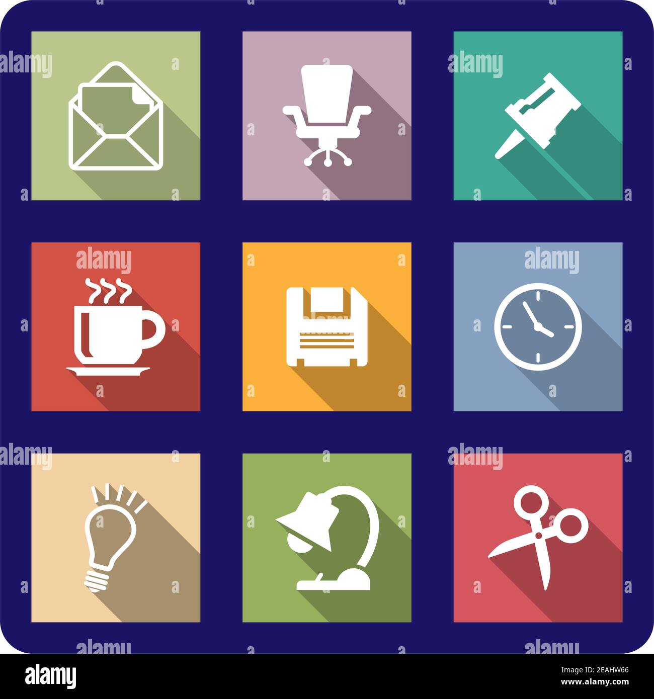 Office icons or buttons on coloured backgrounds depicting mail, thumb ...