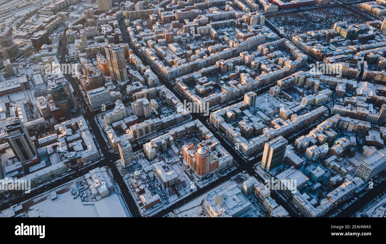 Panoramic aerial view of winter city Kyiv covered in snow Stock Photo ...