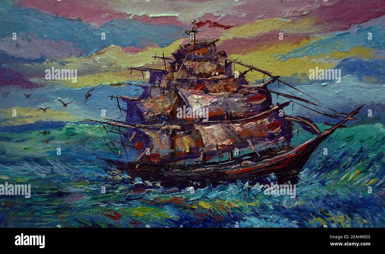 Art, painting ,Oil color, Auspicious, junk ,barque , Thai land Stock ...