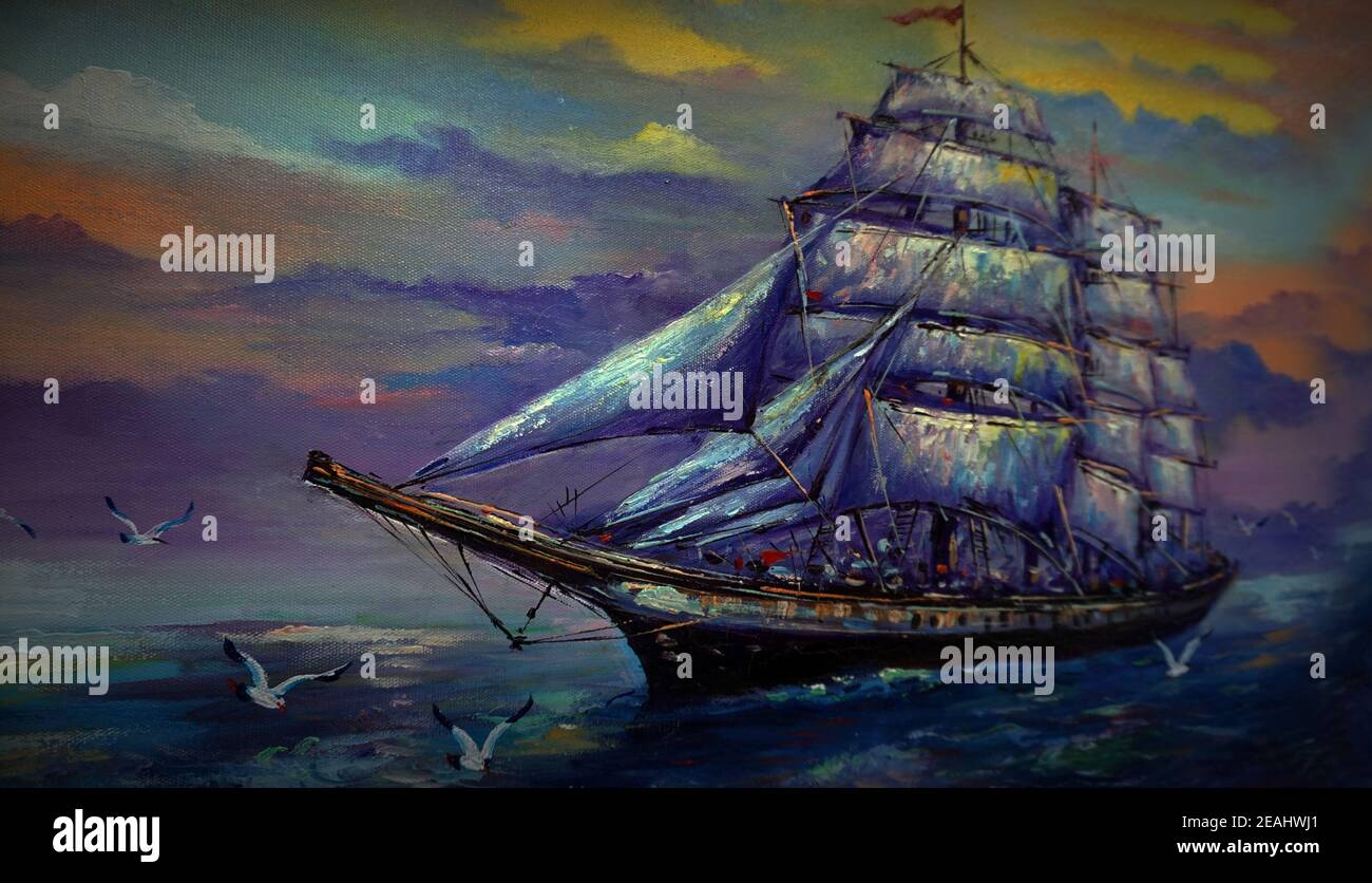 Art, painting ,Oil color, Auspicious, junk ,barque , Thai land Stock ...