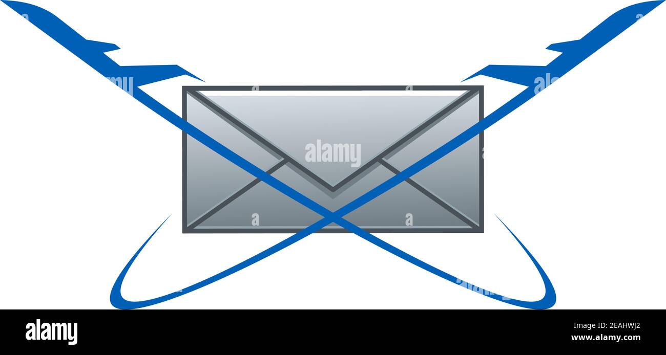 Air post delivery symbol with postal envelope and two flying airplanes ...
