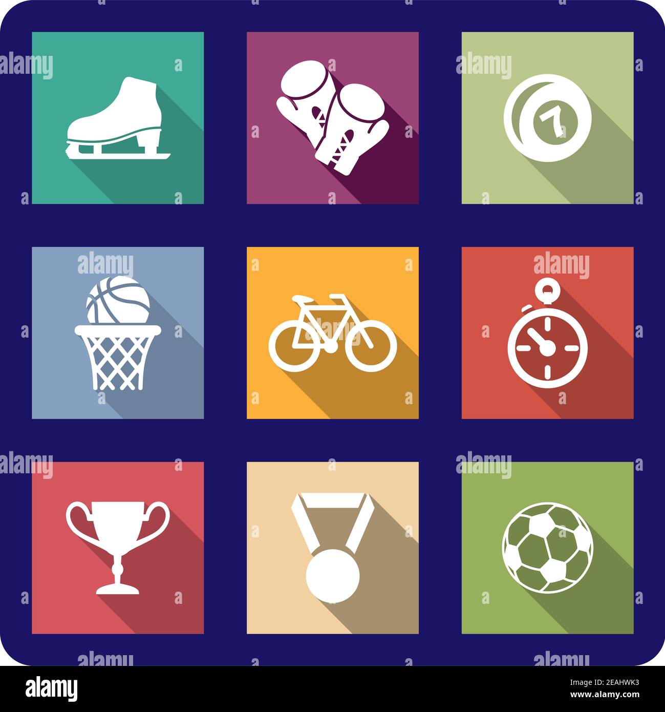 Colourful collection of flat sporting icons on different coloured ...