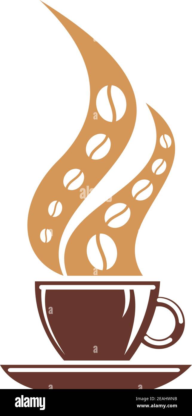 Tasty freshly brewed hot cup of coffee with coffee beans in steam for ...