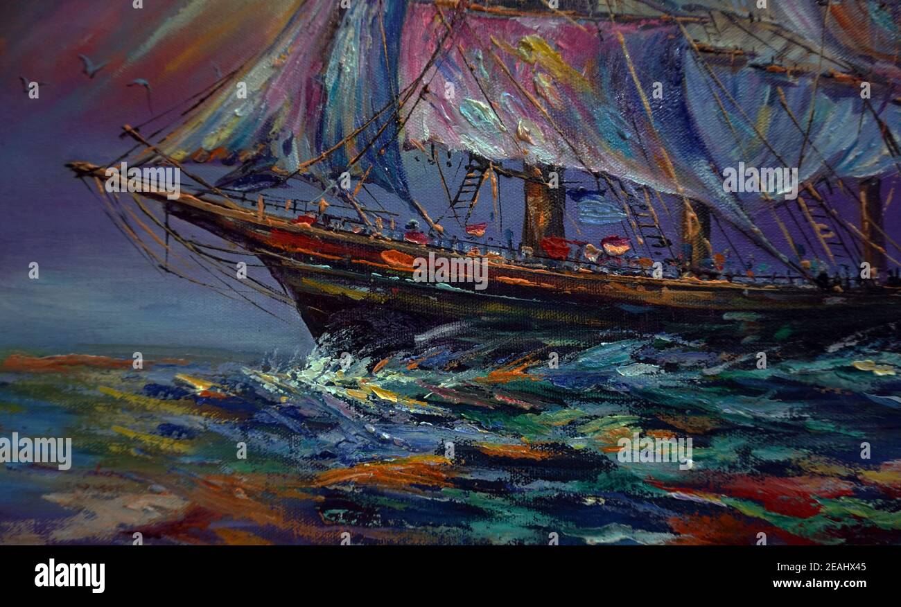 Art, painting ,Oil color, Auspicious, junk ,barque , Thai land Stock ...