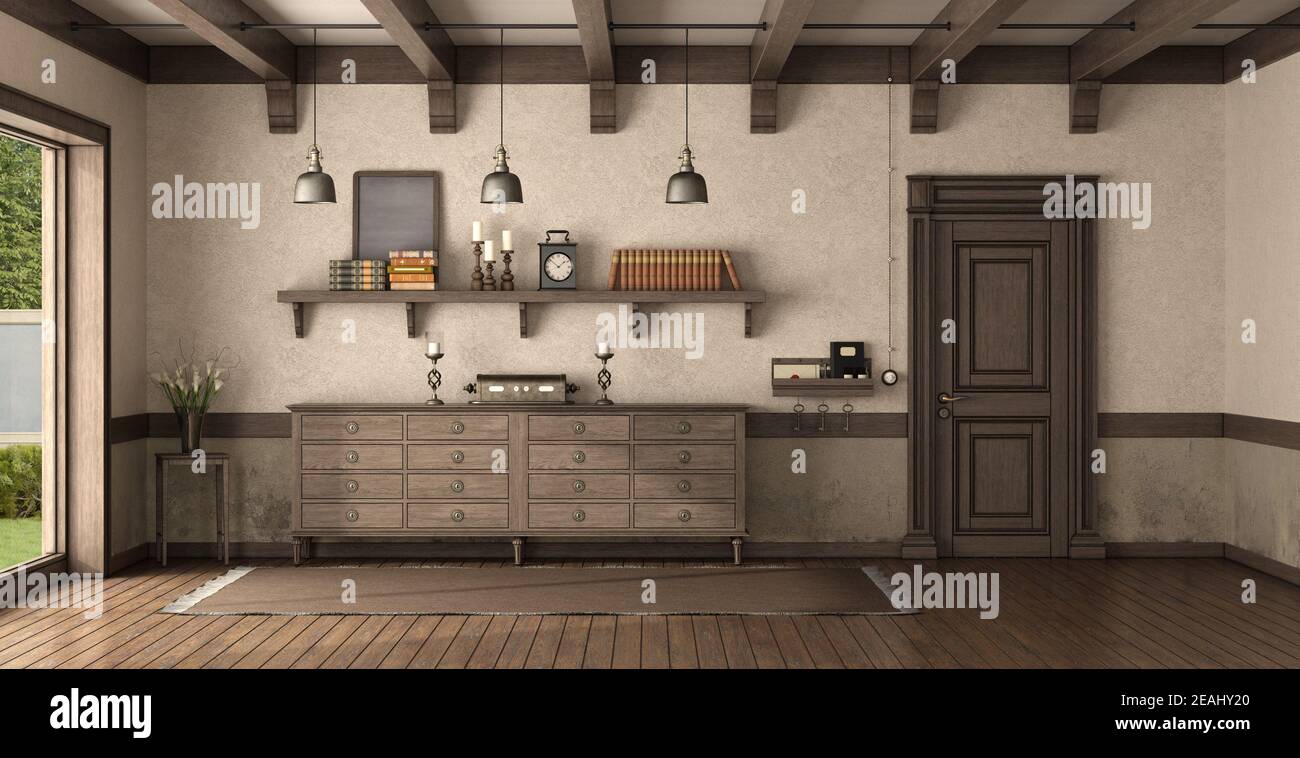 Retro home entrance with wooden front door Stock Photo - Alamy