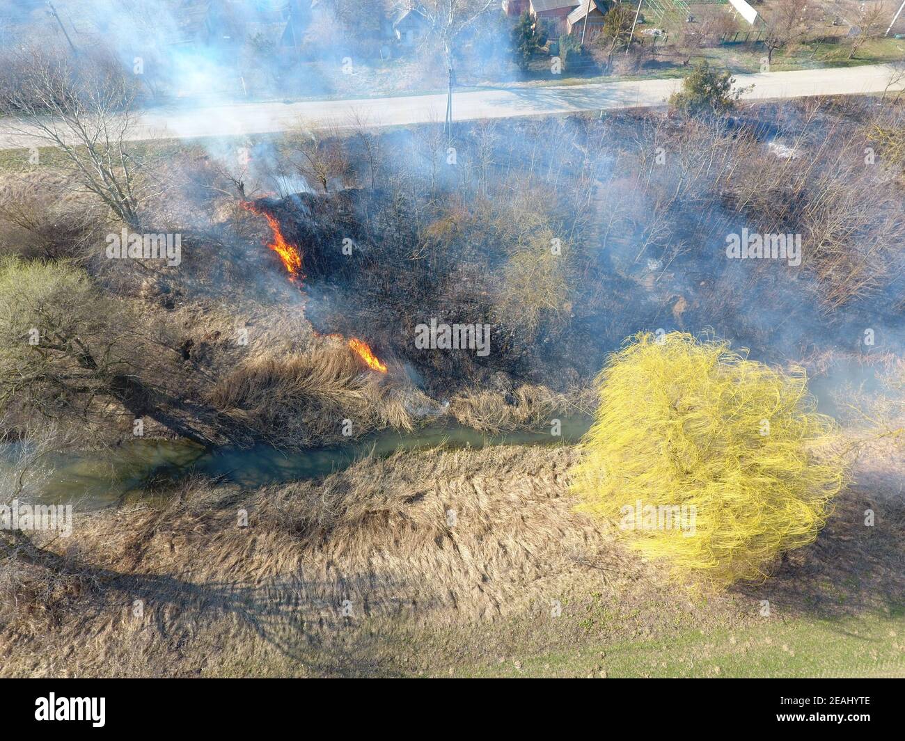 Burning dry grass along the irrigation canal. Smoke and the flame of ...