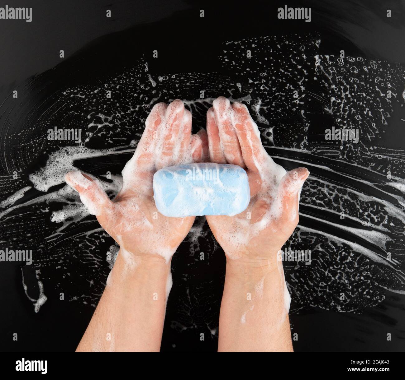 process of washing hands with blue soap, parts of the body in white ...