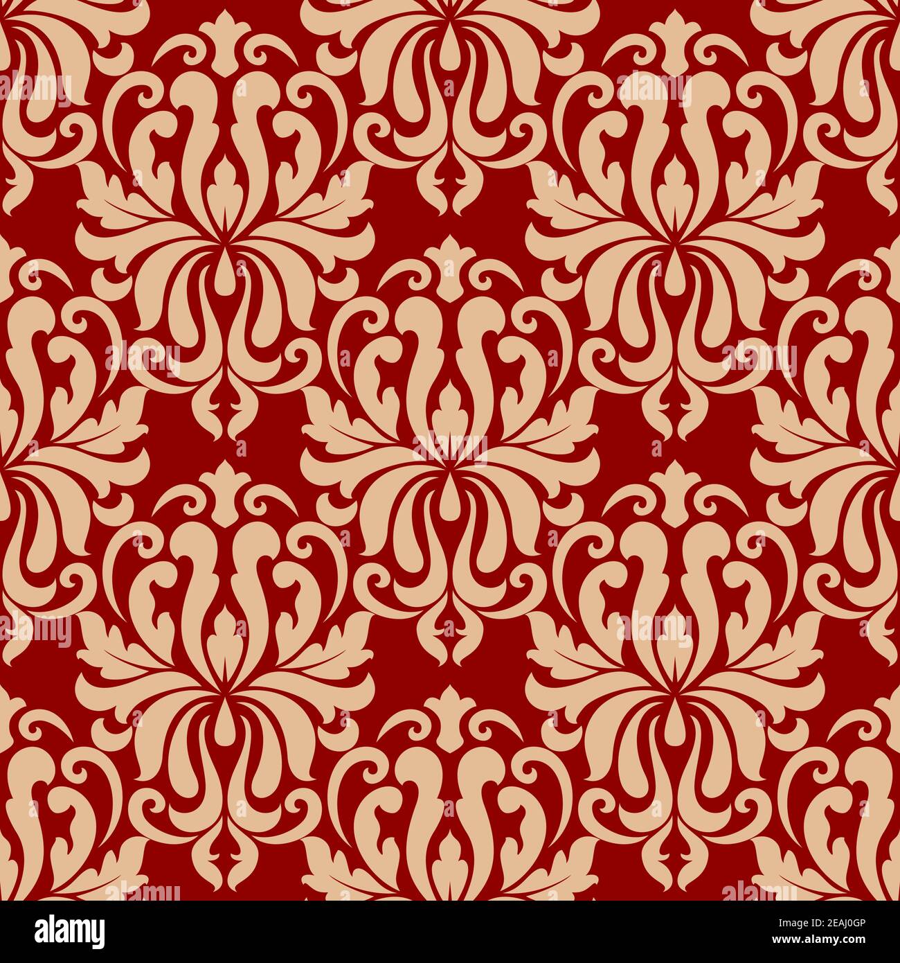 Ornate seamless arabesque repeat pattern on red background with densely ...