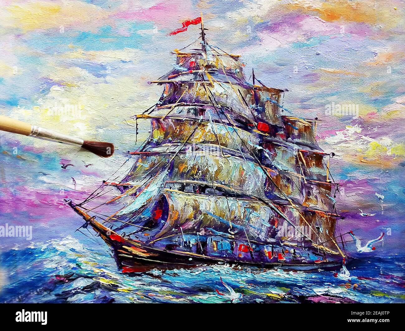 Art, painting ,Oil color, Auspicious, junk ,barque , Thai land Stock ...
