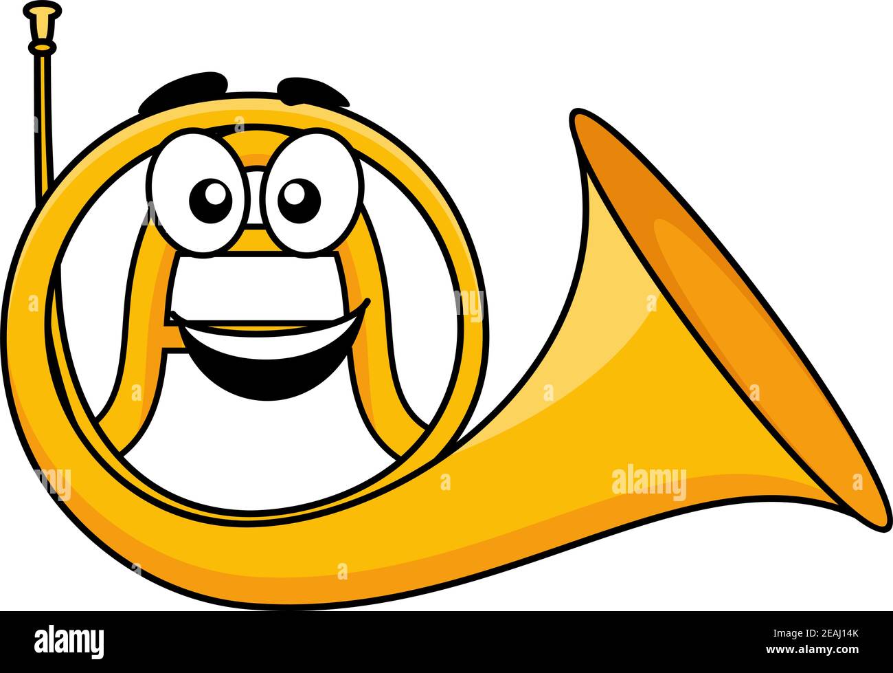 Cartoon illustration of a french horn with a smiling face in the curl ...