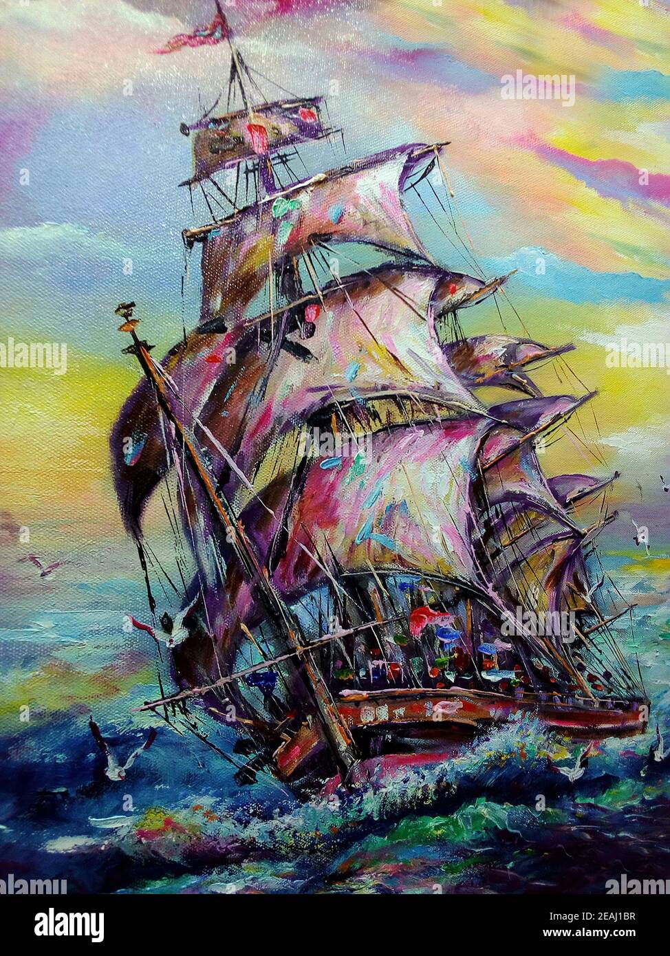 Art, painting ,Oil color, Auspicious, junk ,barque , Thai land Stock ...