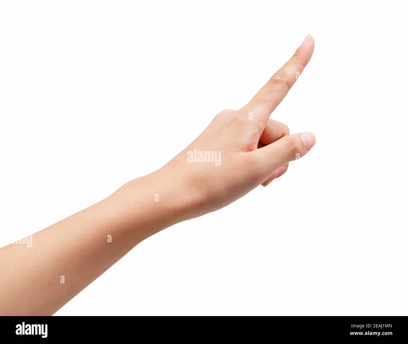 A woman's hand points to a white background Stock Photo - Alamy