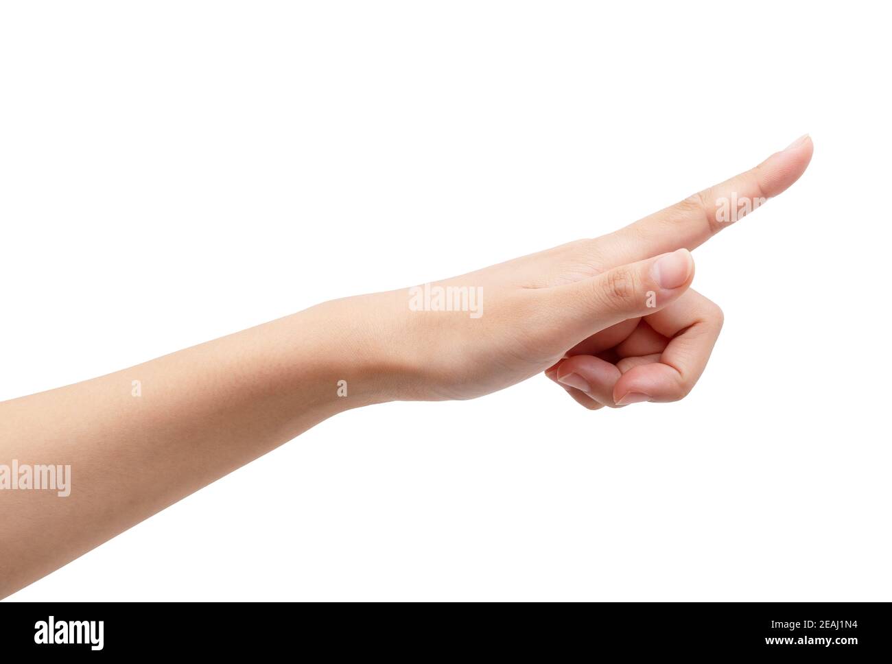 A woman's hand points to a white background Stock Photo - Alamy
