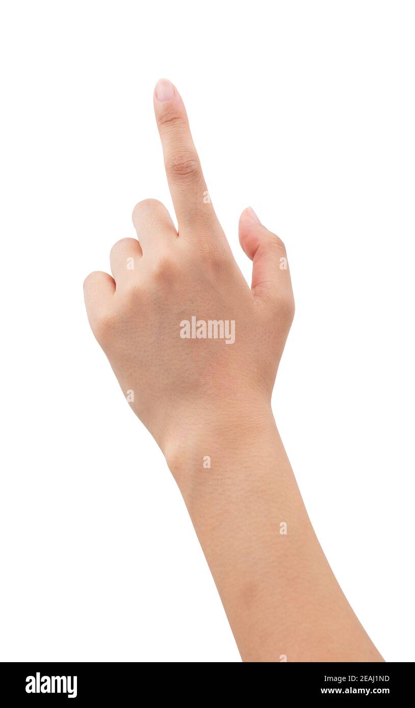 A woman's hand points to a white background Stock Photo - Alamy