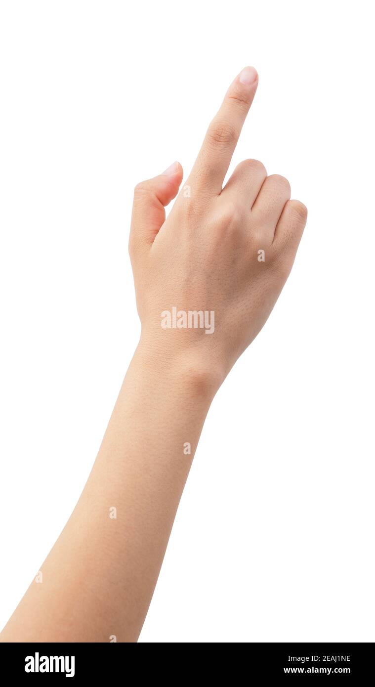 A woman's hand points to a white background Stock Photo - Alamy
