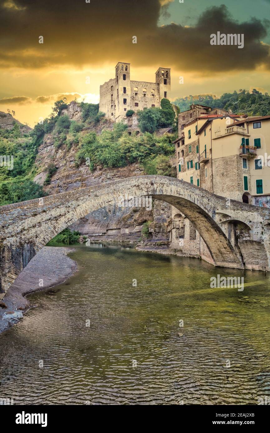 Dolceacqua ancient castle and stone bridge Stock Photo - Alamy