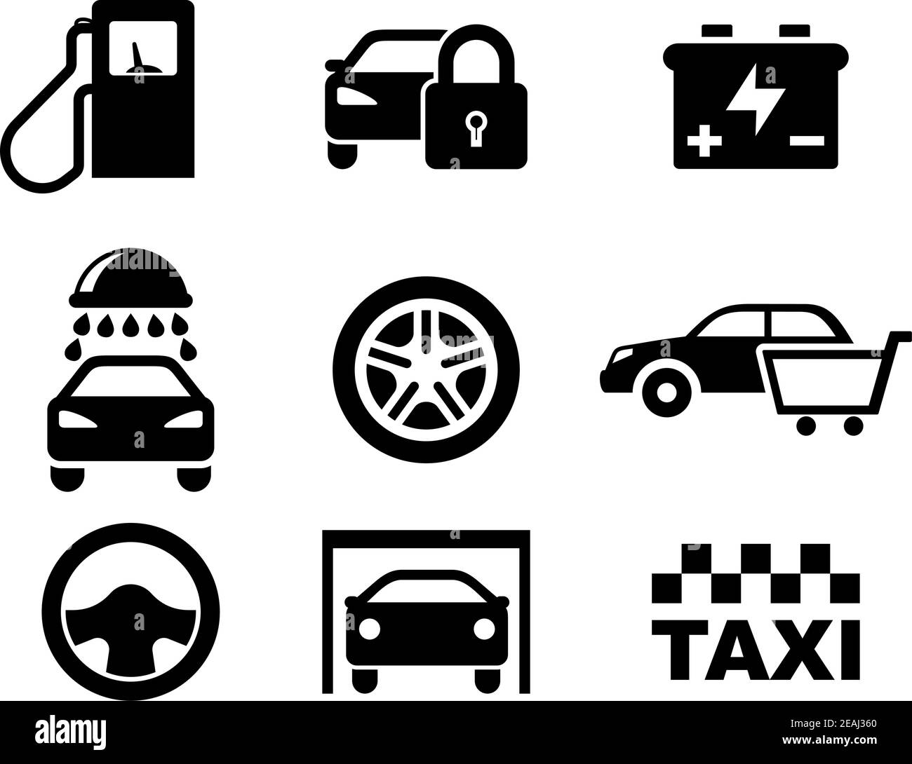 Black and white car service icons depicting a fuel pump, security ...