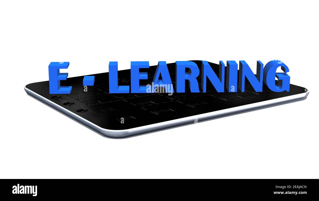 E-LEARNING - lettering in blue shown over a tablet display - home ...