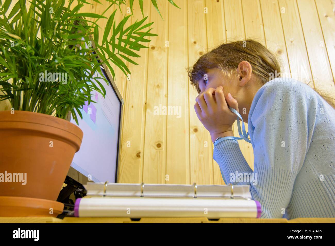 A student sits in front of the computer during distance learning and ...