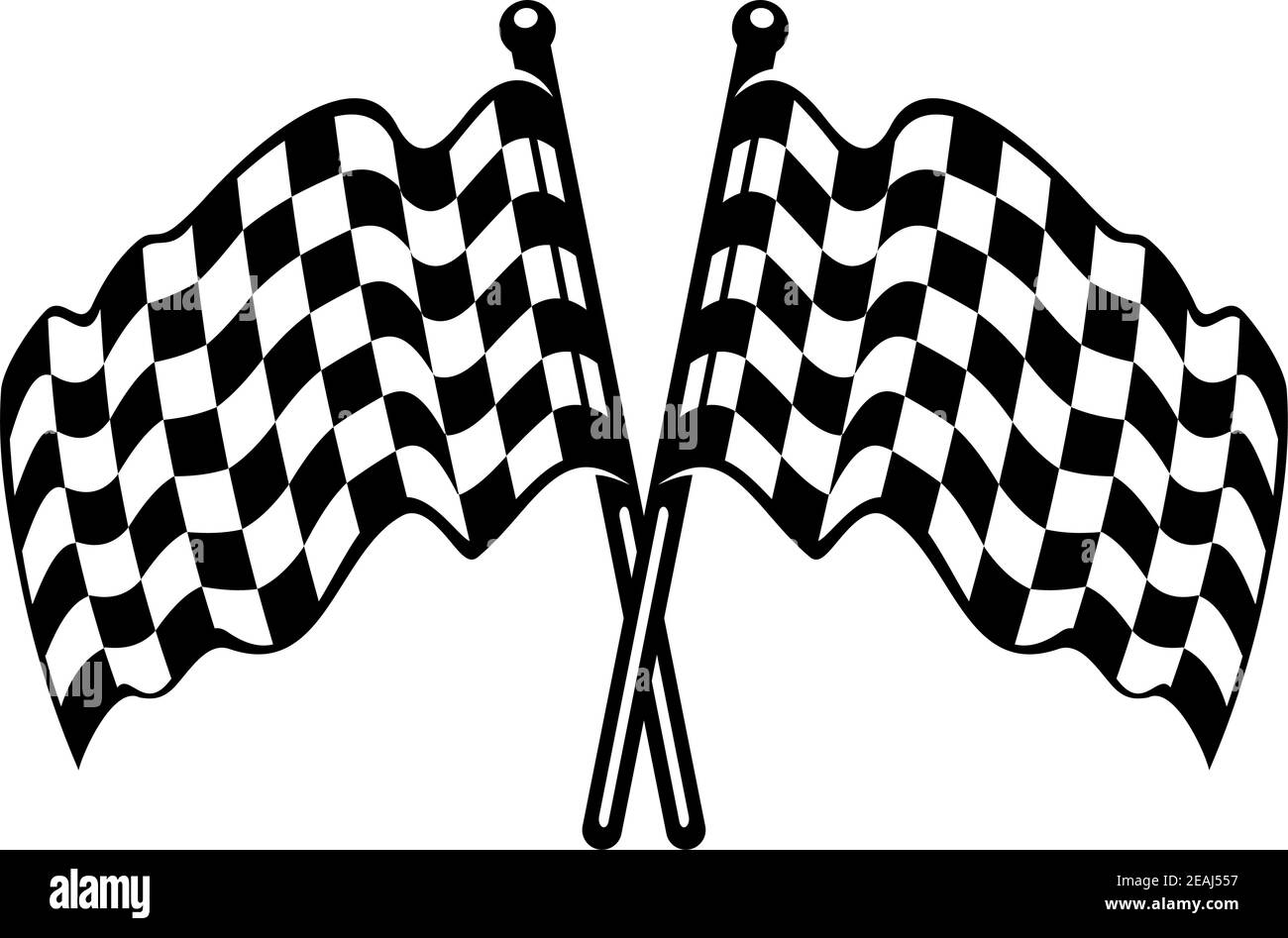 Two crossed black and white checkered flags with the fabric waving in ...