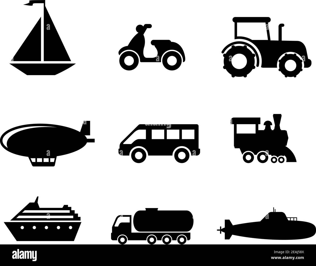 Collection of transport icons depicting a boat, scooter, tractor, blimp ...