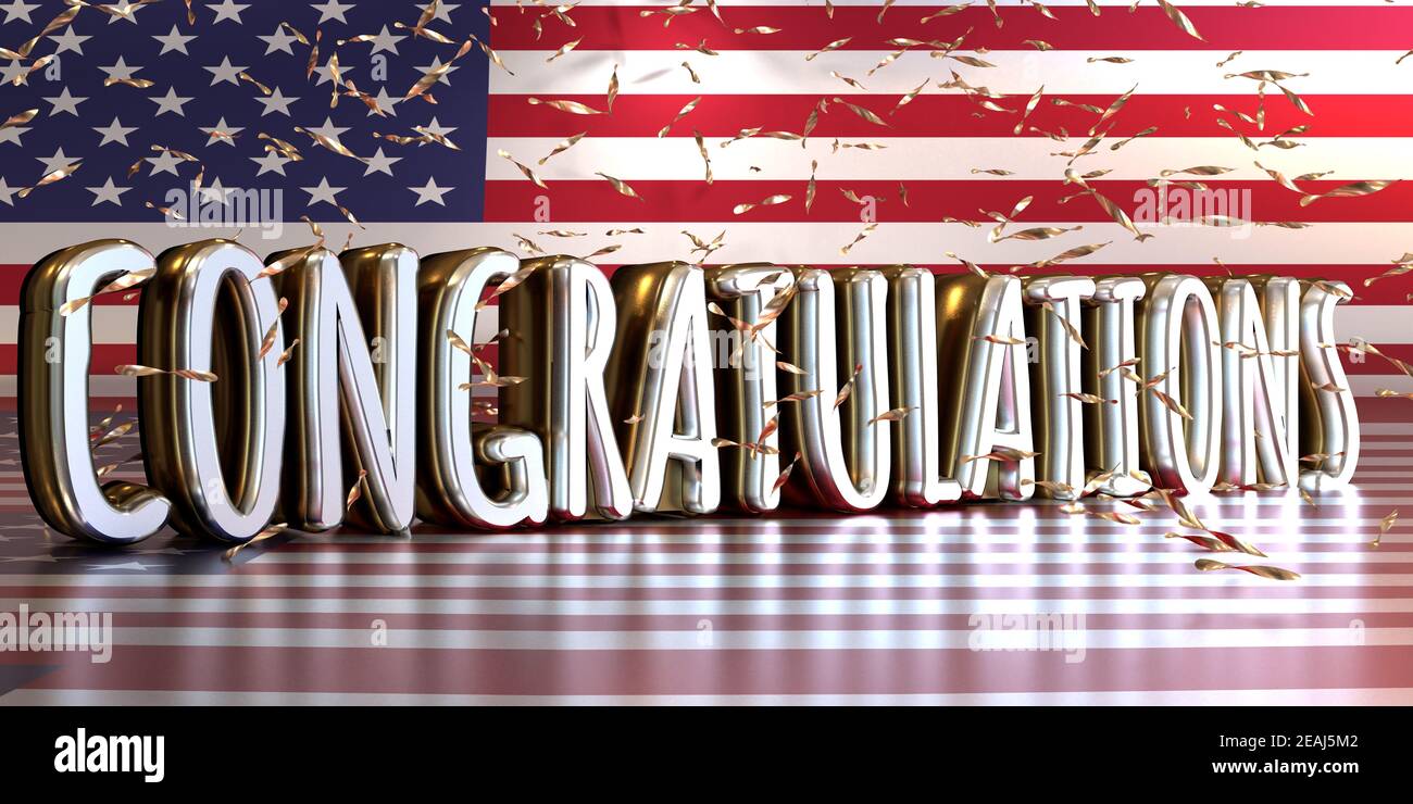Silver Word congratulations on the American flag with shiny confetti ...