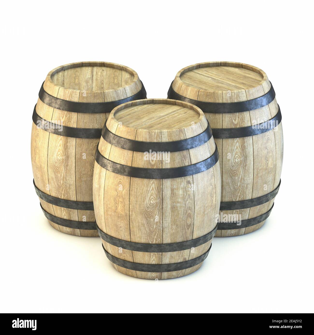 Three wooden barrels 3D Stock Photo - Alamy