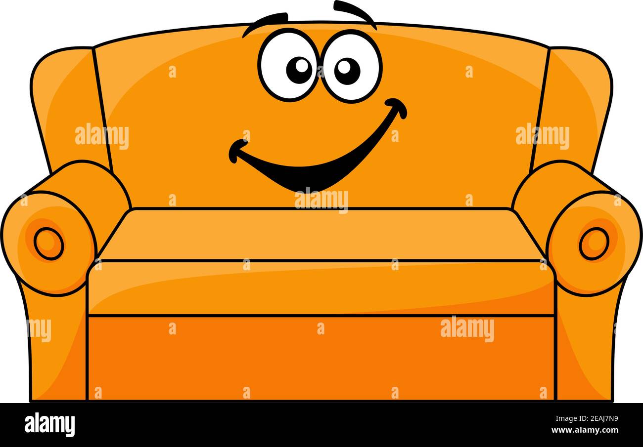 Cartoon upholstered orange couch, sofa or settee with a happy smile ...