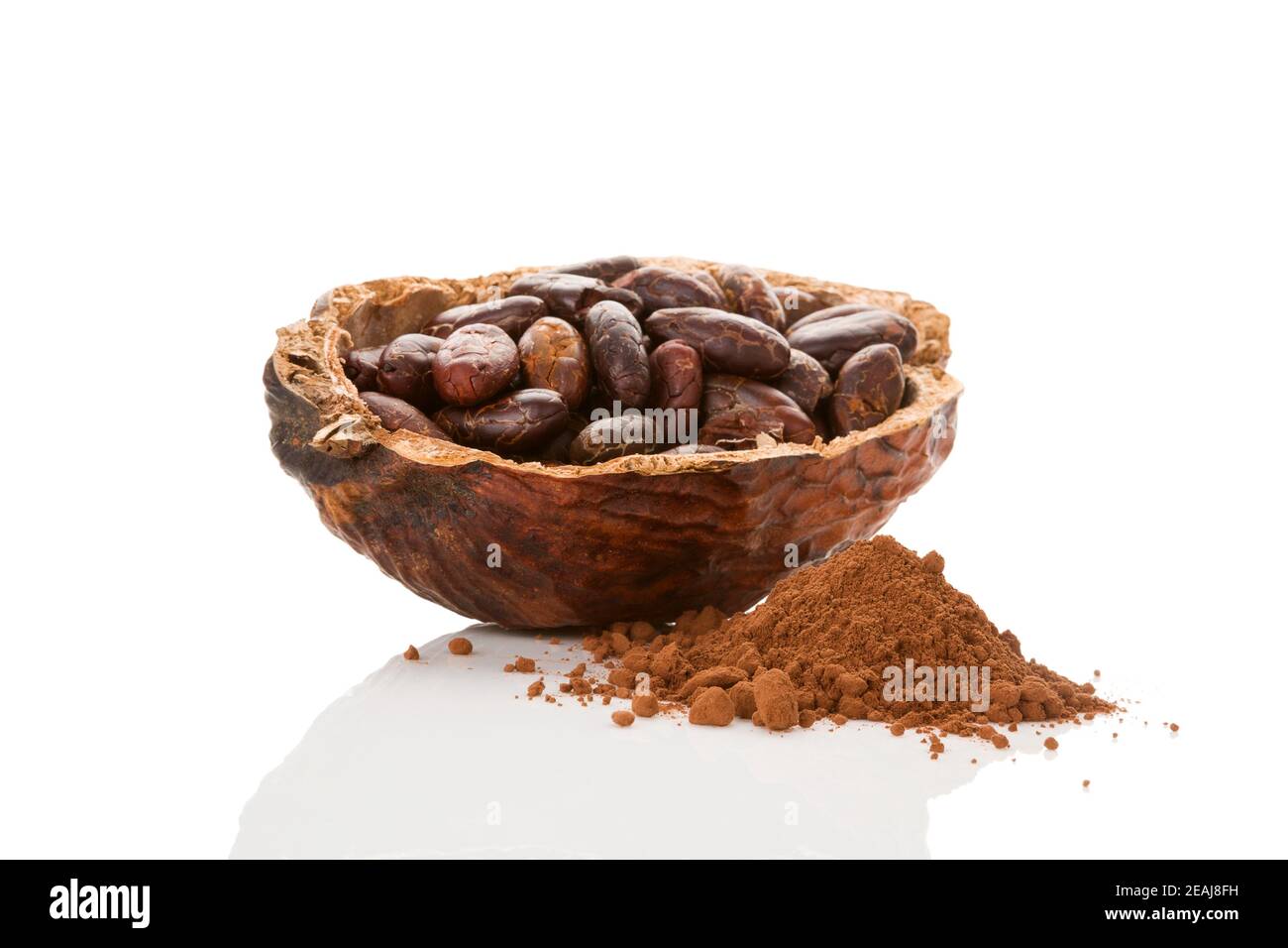 Cocoa powder and fresh roasted beans on white background Stock Photo ...