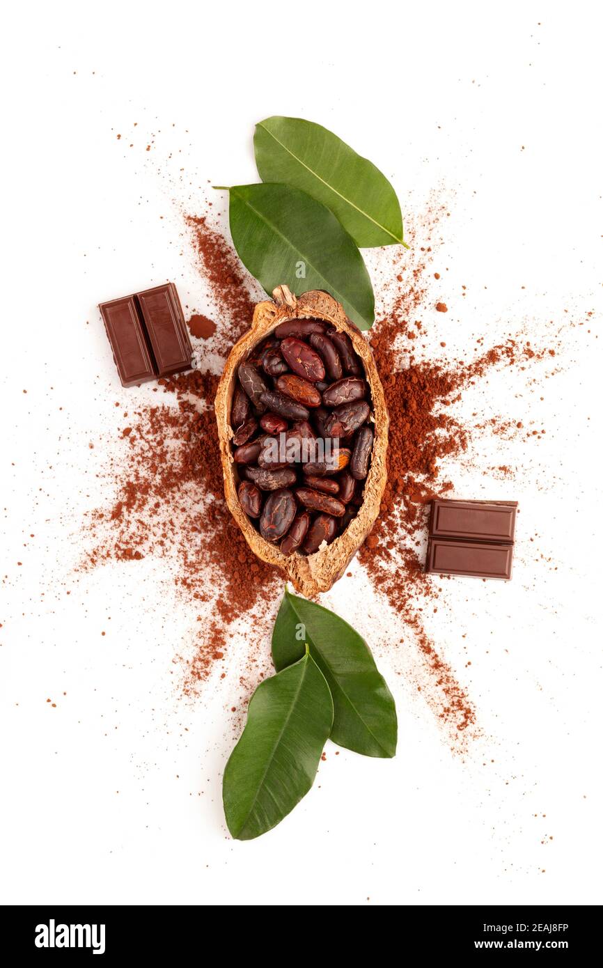Cocoa powder, beans and chocolate on white background from above Stock ...
