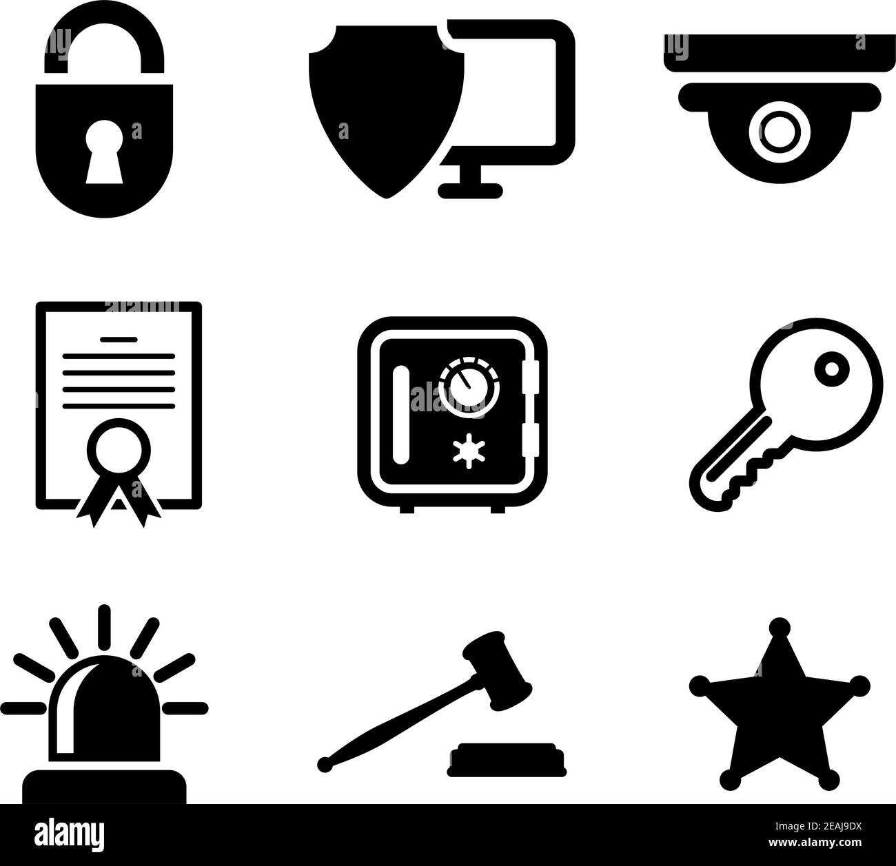 Collection of safety and security icons in black and white depicting a ...