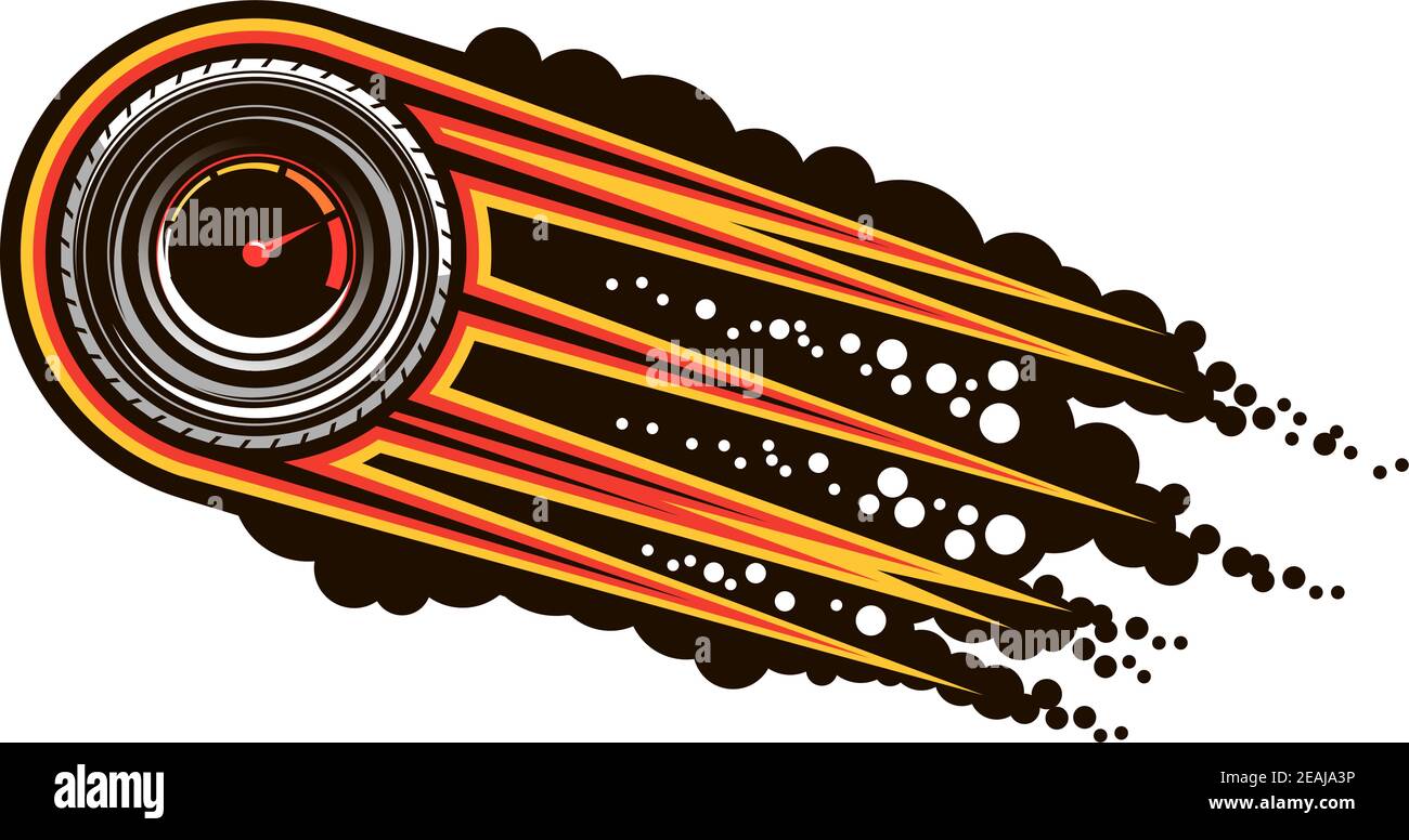 Red hot speeding motorsports icon with a tyre inset with a speedometer ...