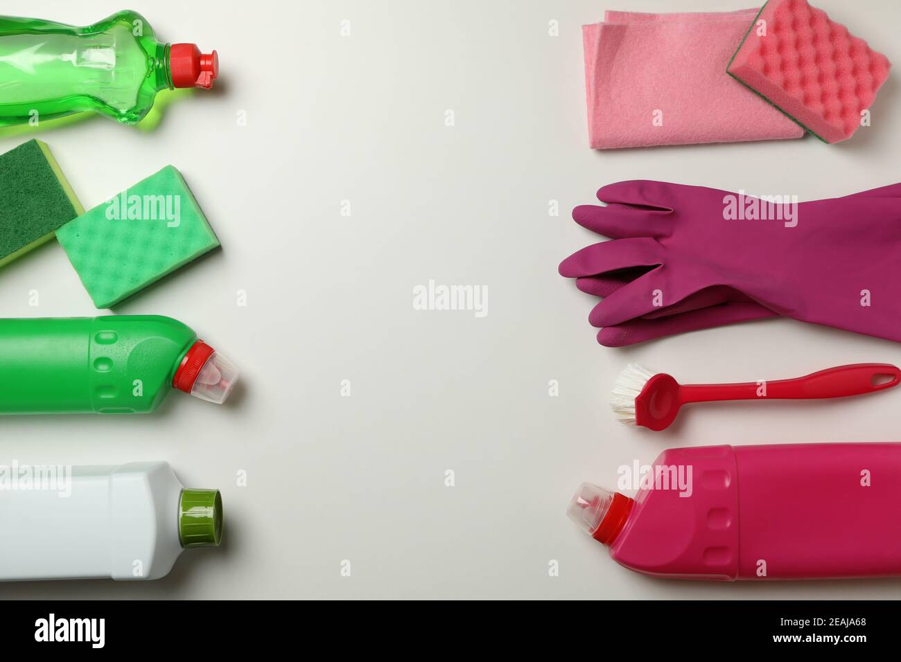 Different cleaning tools on white background, space for text Stock ...