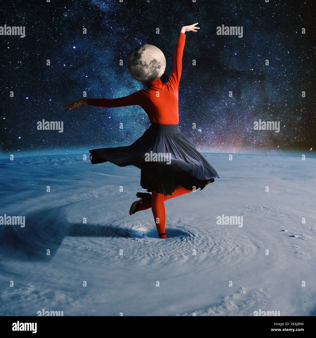 Woman dancing in outer space headed by planet. Collage with cosmos and ...