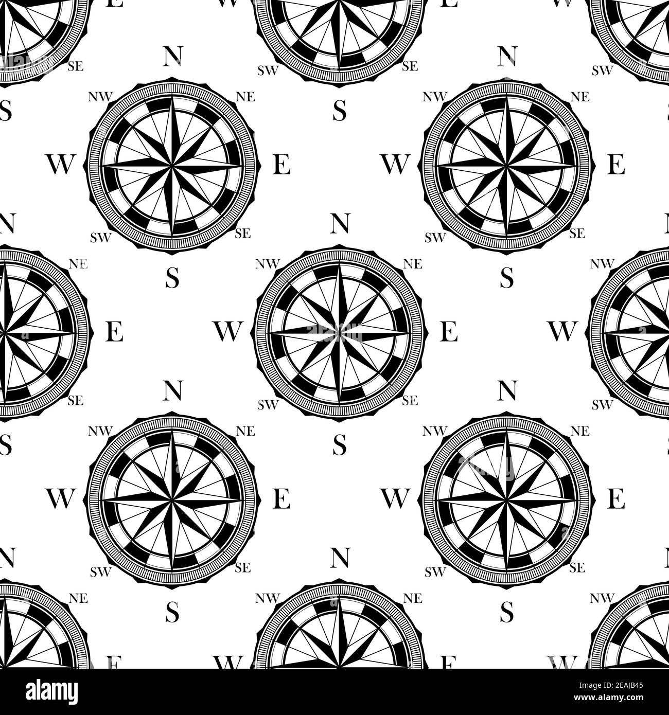 Black and white seamless pattern of vintage compasses marked with the ...